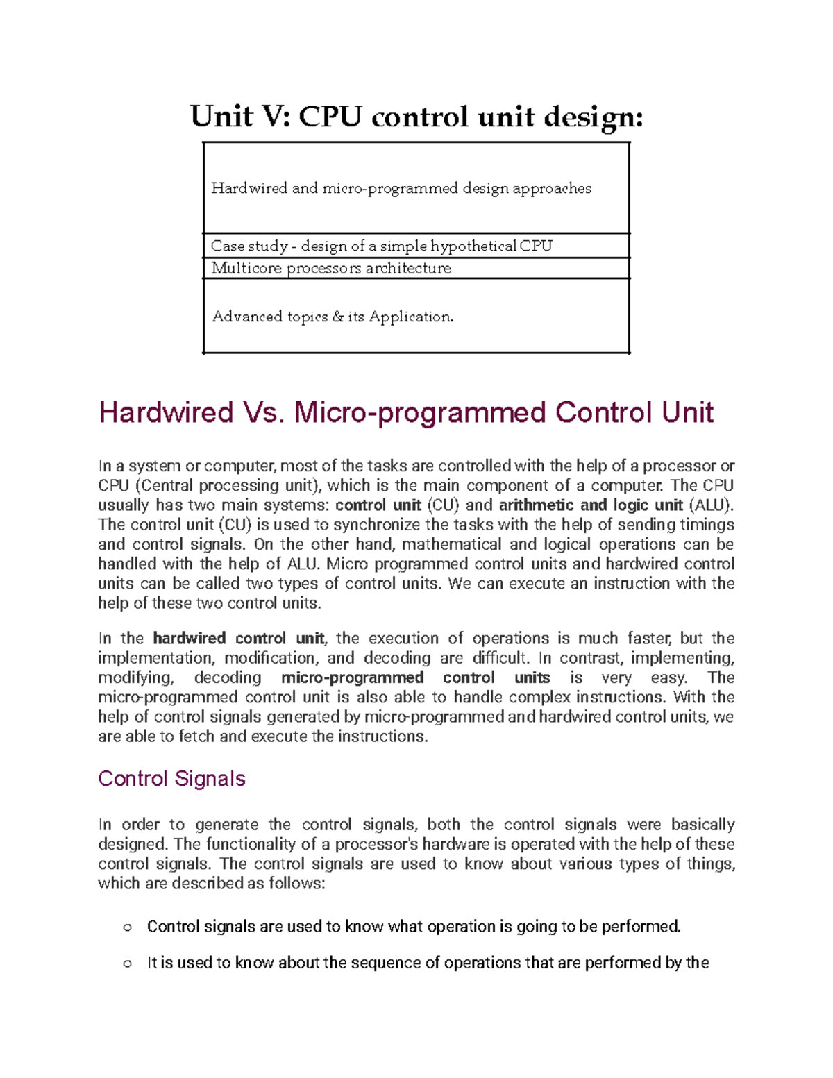 Control Unit Design Case Study: Hardwired vs. Micro-programmed - Studocu