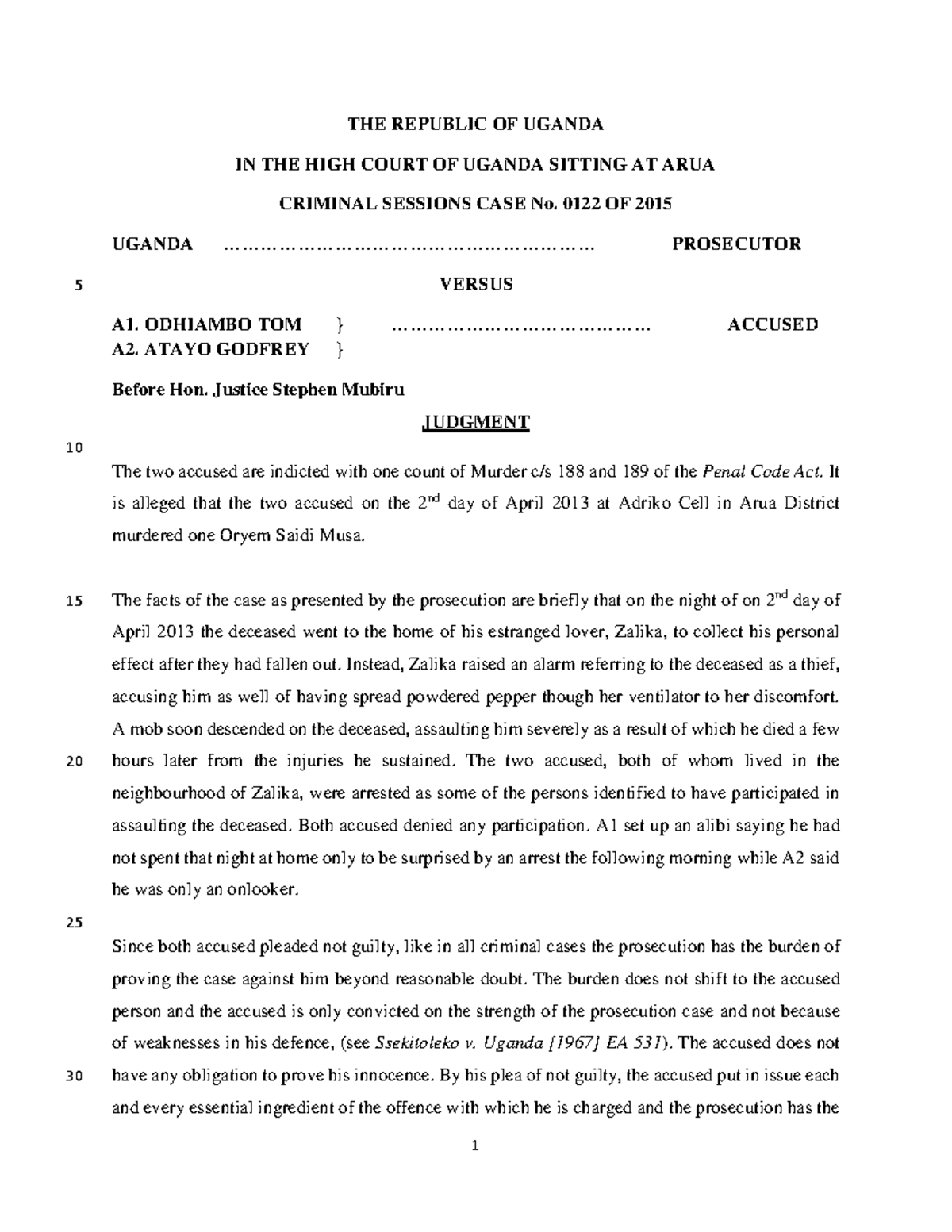 Case Study: Uganda v. Odhiambo & Atayo - Murder Judgment Analysis - Studocu