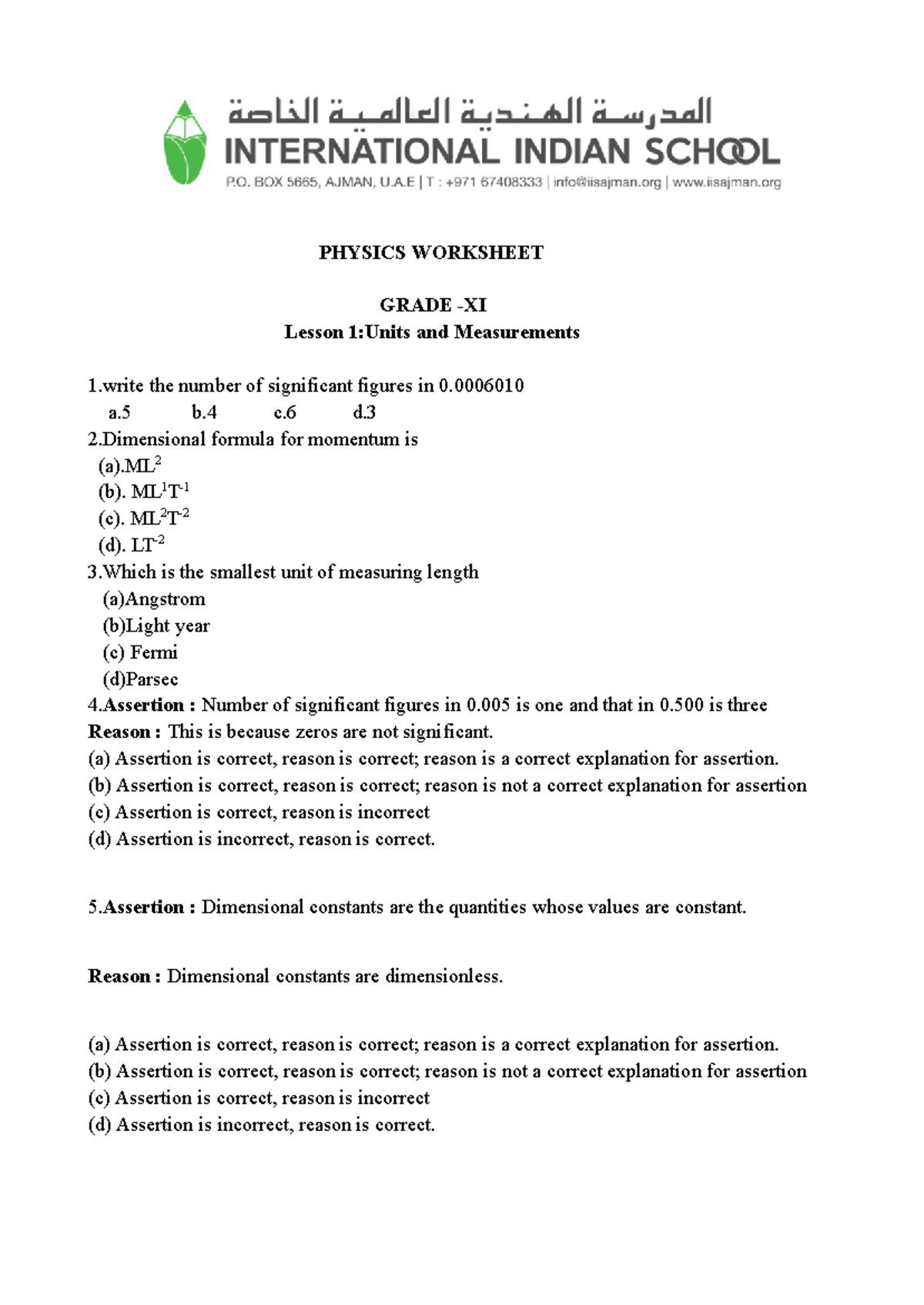 PHYSICS WORKSHEET GRADE: Lesson 1 - Units & Measurements - Studocu
