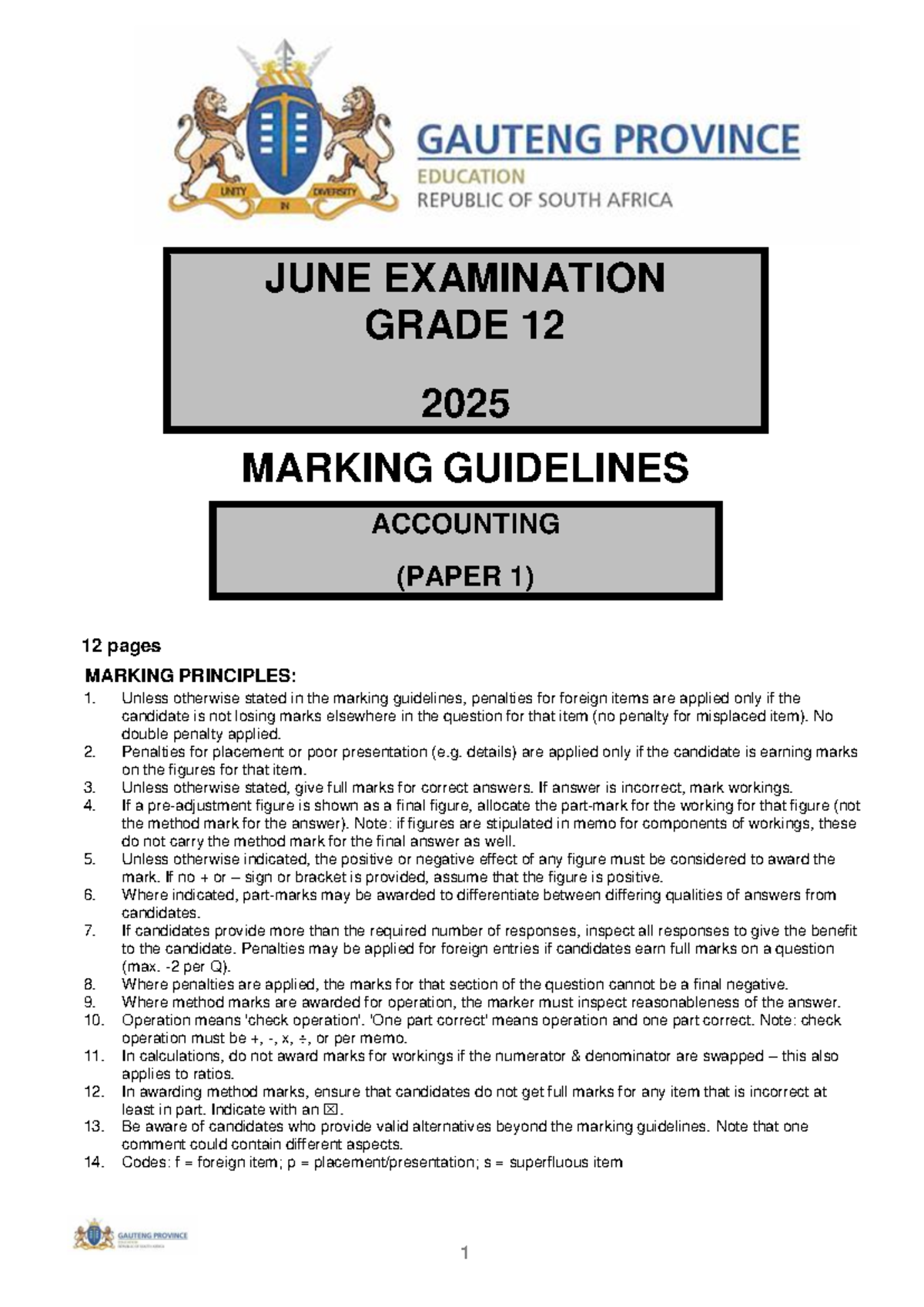 JUNE 2025 GRADE 12 ACCOUNTING P1 MARKING GUIDELINES & MEMO - Studocu