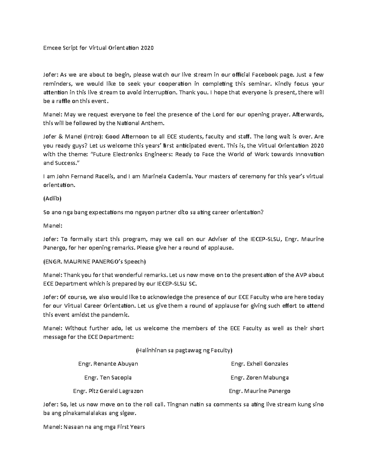 Hosting Sample Script File 2 - 10 [Welcome Remark - Emcee] A very good ...