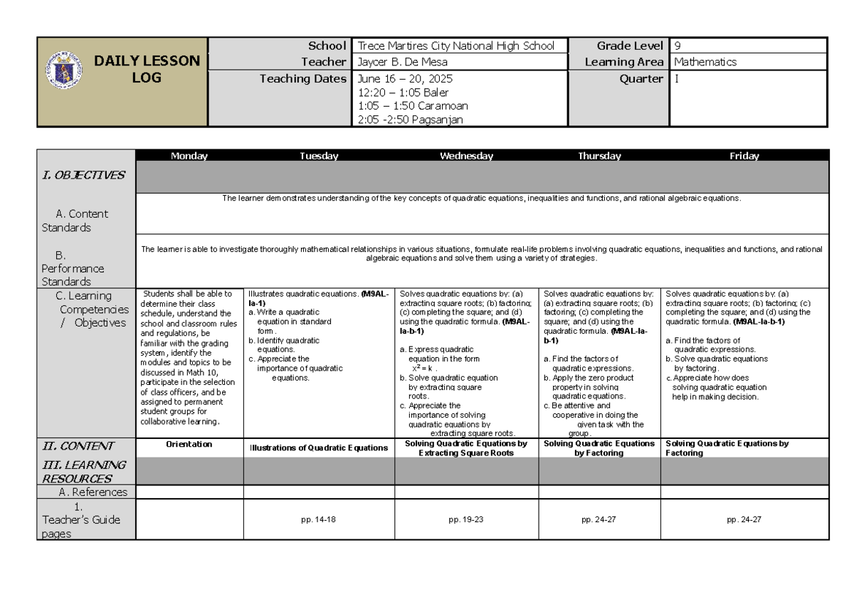 DLP WEEK 1: Daily Lesson Log for Grade 9 Math (Quadratic Equations ...