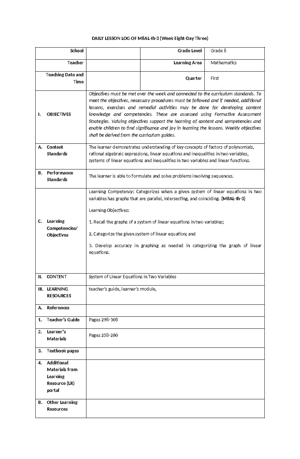 Grade 8 Math Daily Lesson Log: Week 3 - Systems of Linear Equations ...