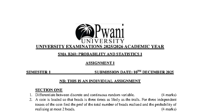 SMA B261: Probability and Statistics I Assignment I SEM 1 - Studocu