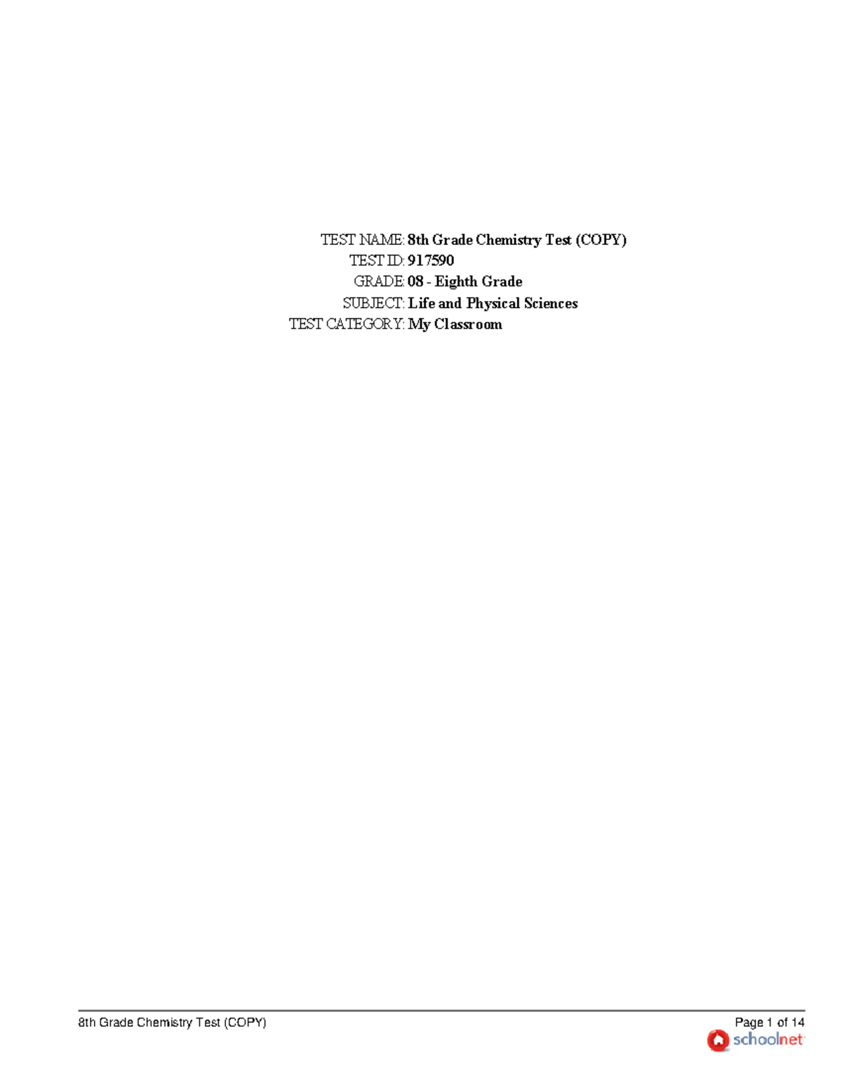 8th Grade Chemistry Test - Life and Physical Sciences - TEST NAME: 8th ...