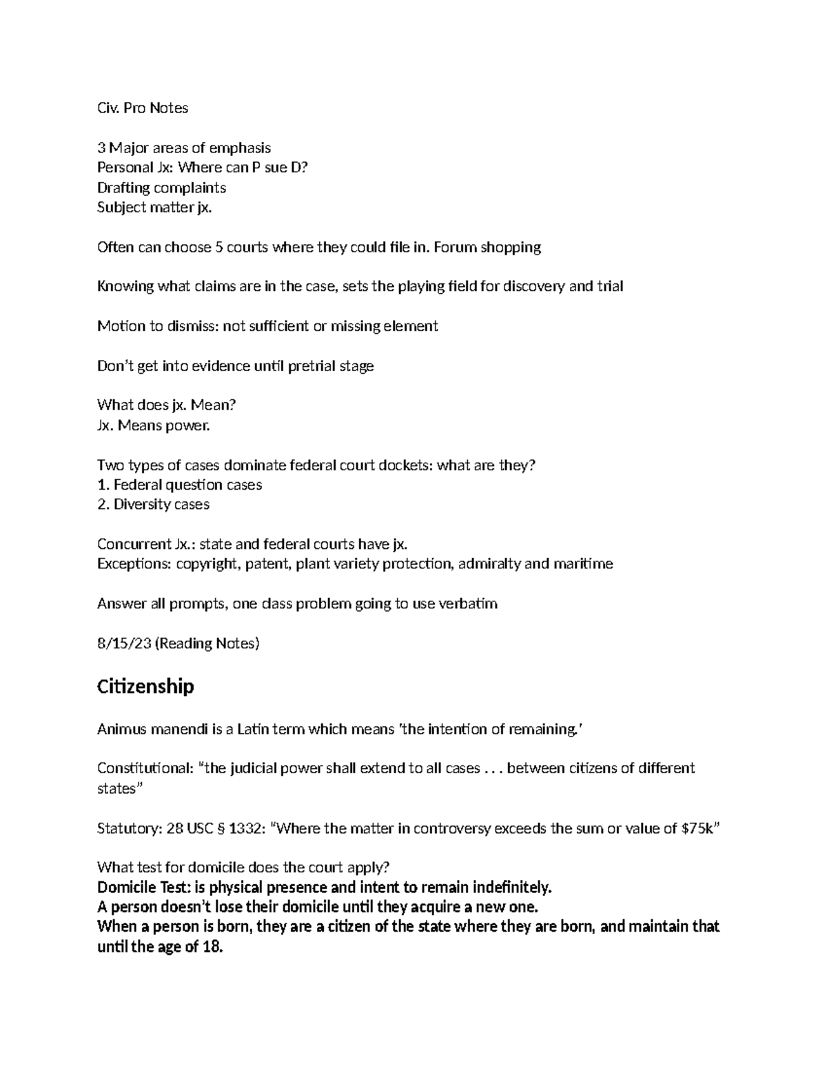 Civ Pro Notes - Civ. Pro Notes 3 Major areas of emphasis Personal Jx ...