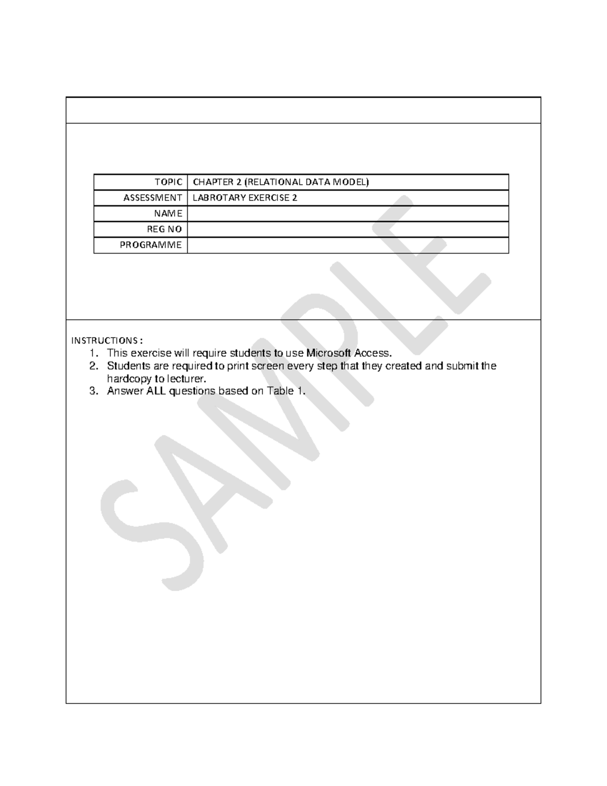 CHAPTER 2 (RELATIONAL DATA MODEL) ASSESSMENT LAB EXERCISE - Studocu