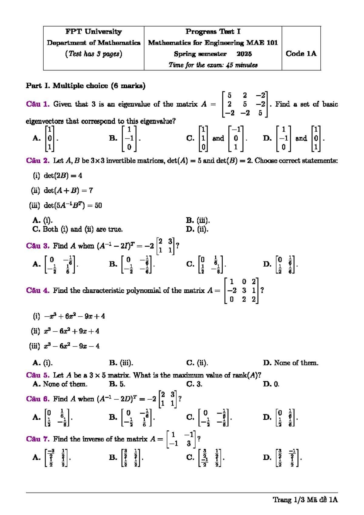 1AA02 - MAE 101 Progress Test I - Spring 2025 Solutions Guide - Studocu