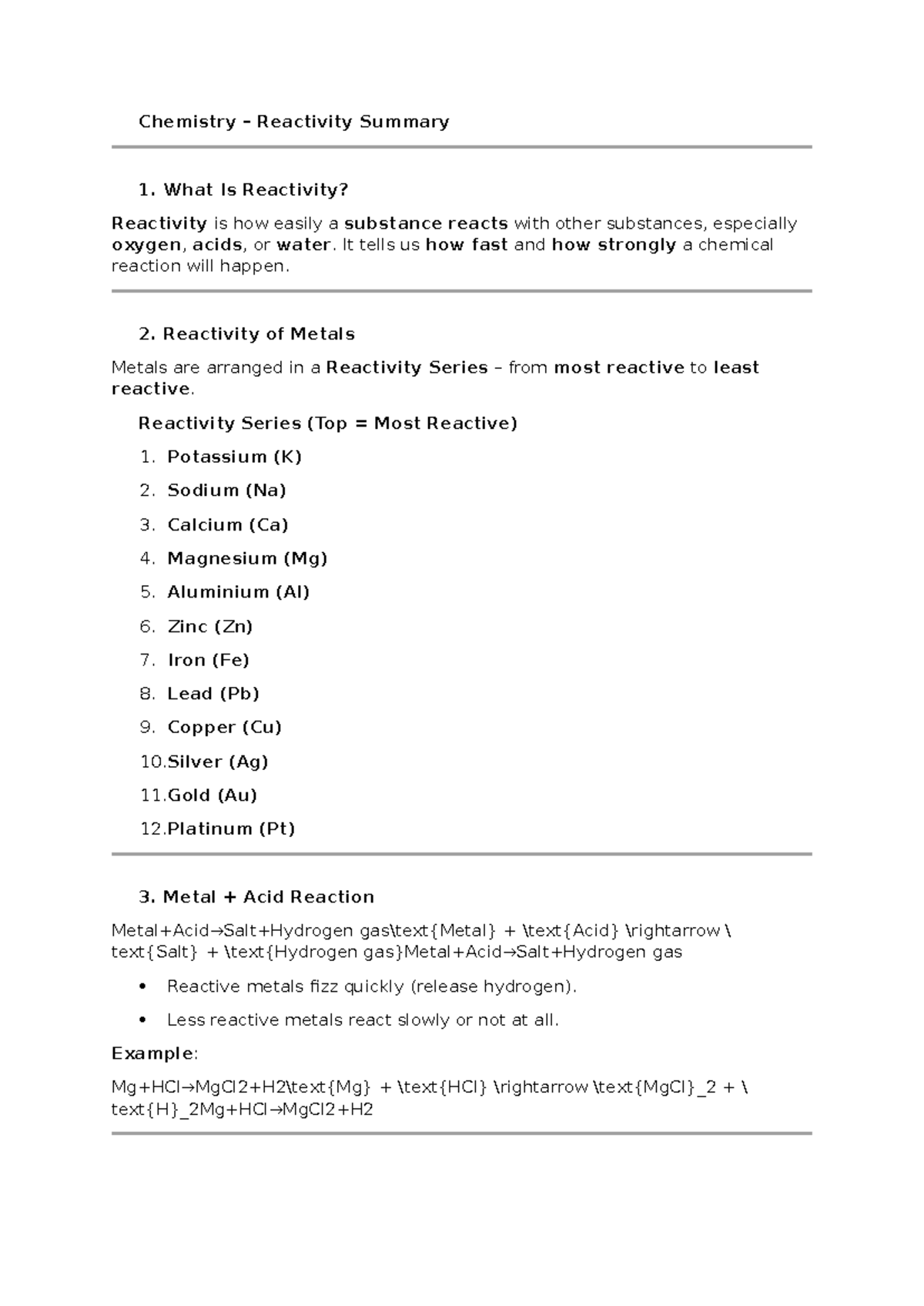 Chemistry 2 - Reactivity Summary and Metal Series Overview - Studocu