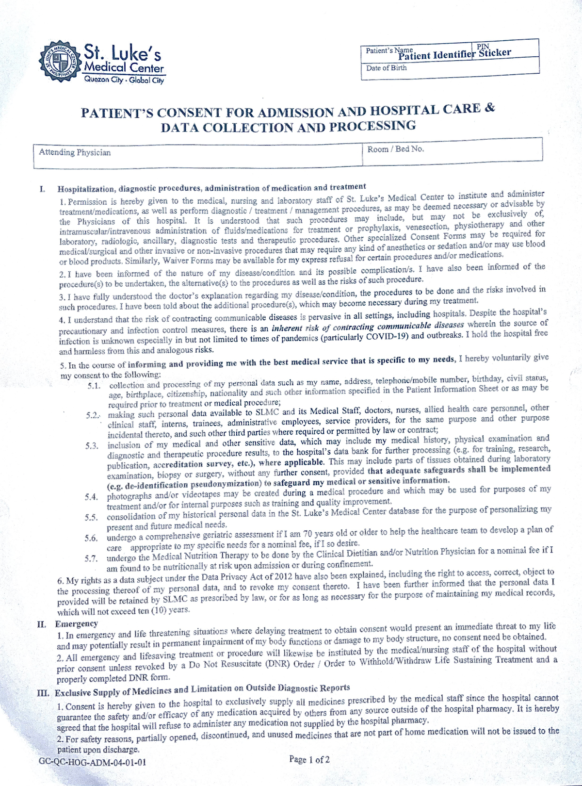 SLMC Consent for Admission & Hospital Care Waiver Form - Studocu