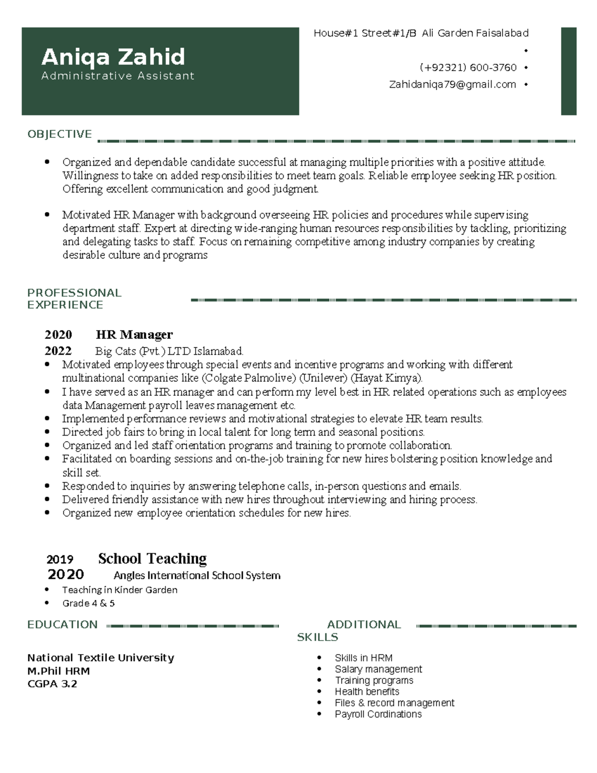 Aniqa Zahid CV - HR Manager Application (Assignment) - Studocu