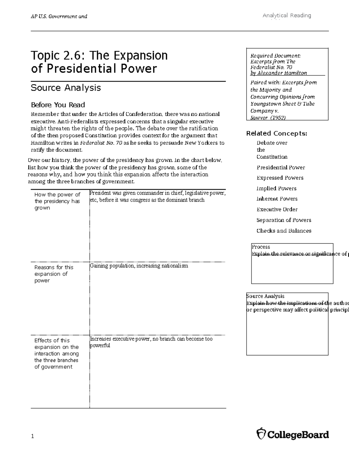 AP U.S. Government & Politics: Examining Federalist No. 70 and ...