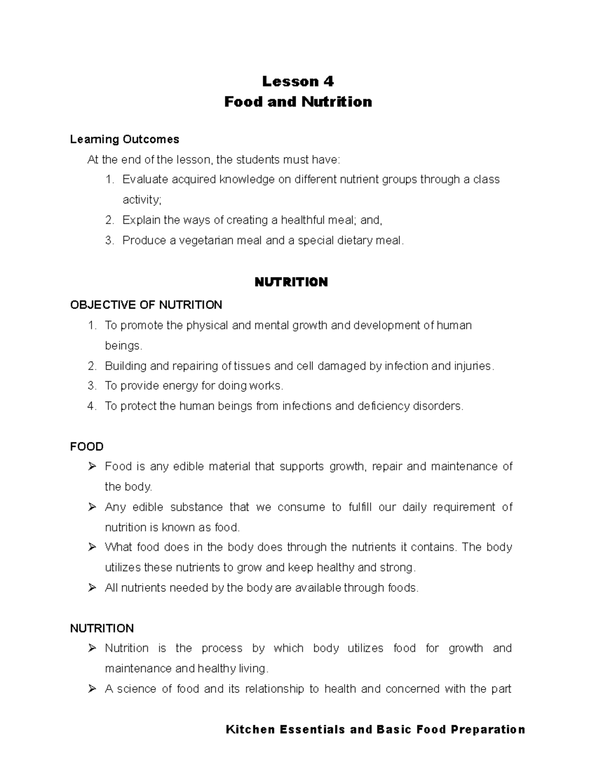 Lesson 4-Food and Nutrition - Lesson 4 Food and Nutrition Learning ...
