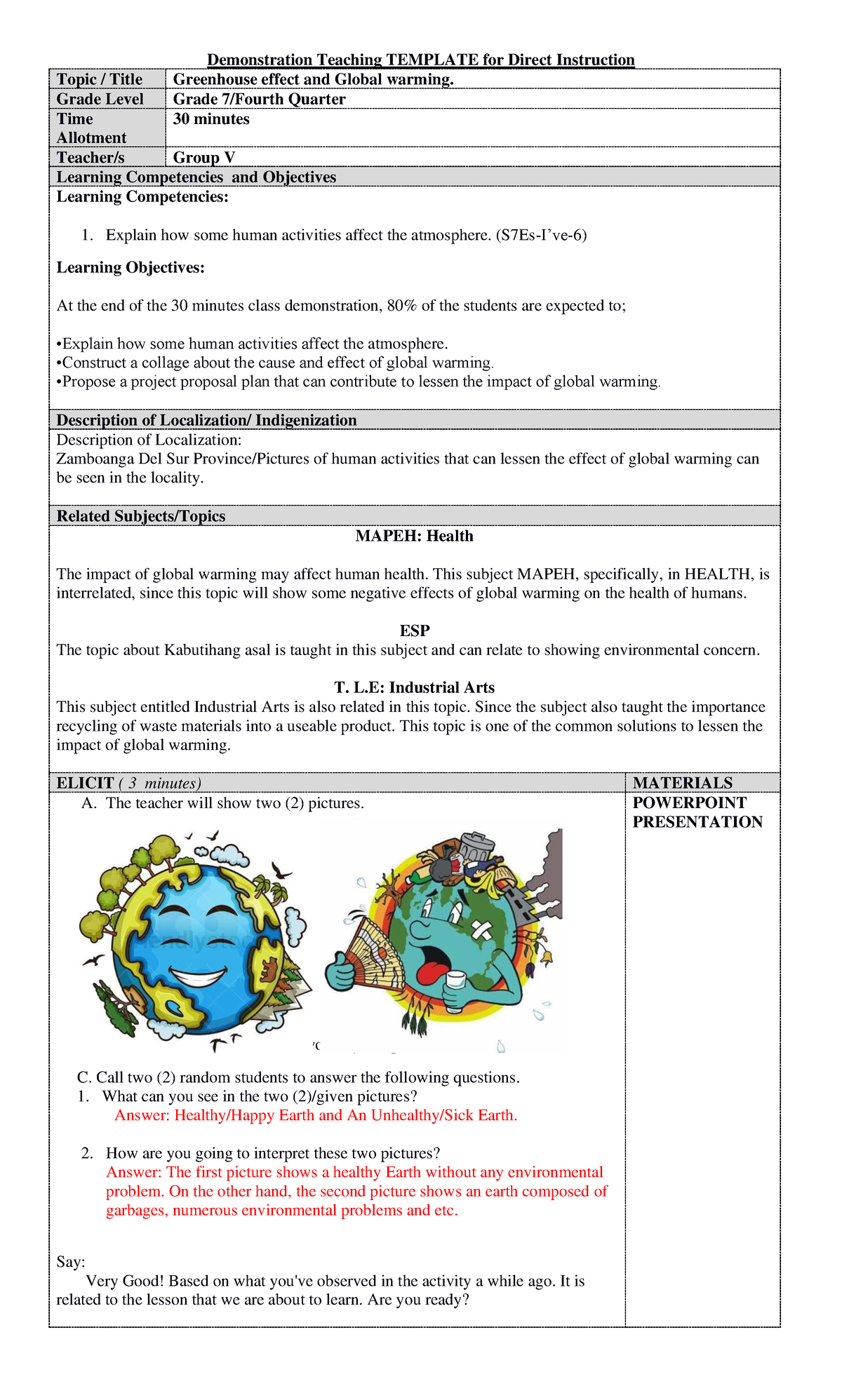 Final G5-DI Lesson Plan: Understanding Greenhouse Effect & Global ...