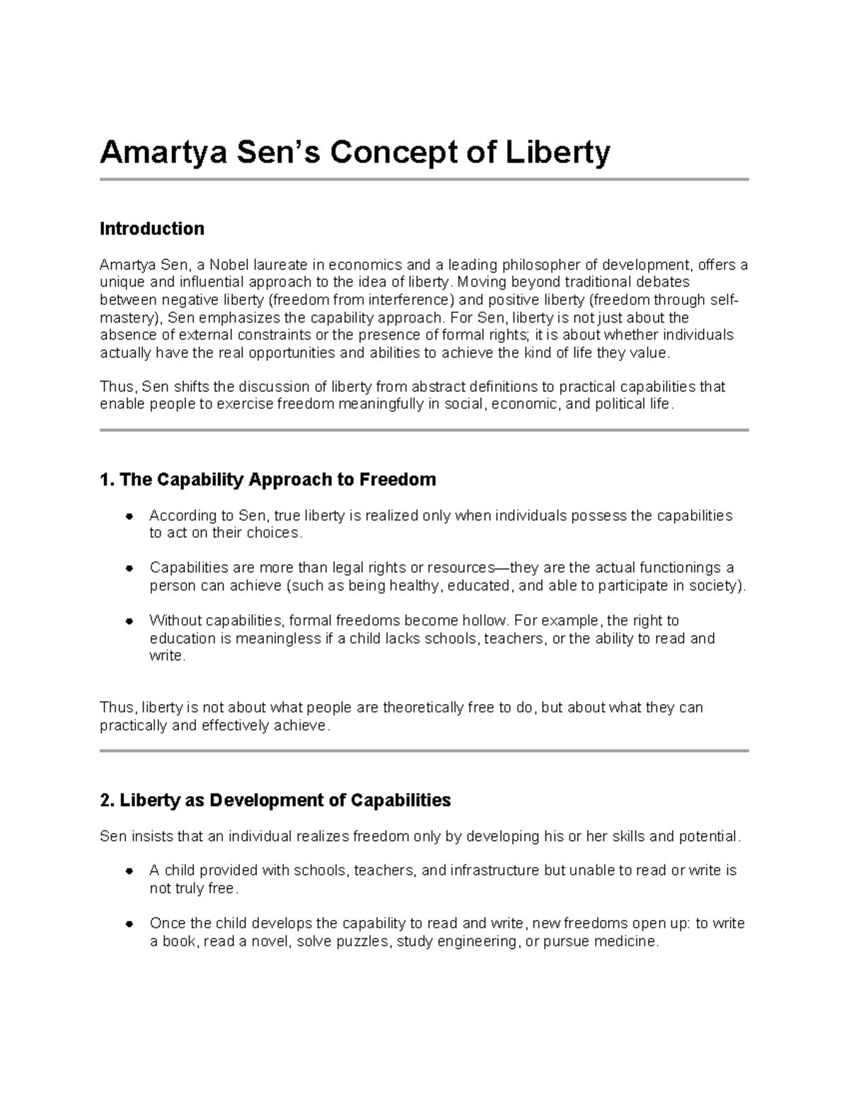 Amartya Sen's Concept of Liberty: A Capability Approach - Studocu