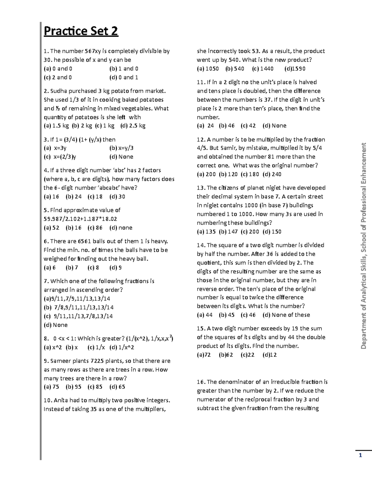 Number Properties Practice Set 2 - Questions and Answers - Studocu