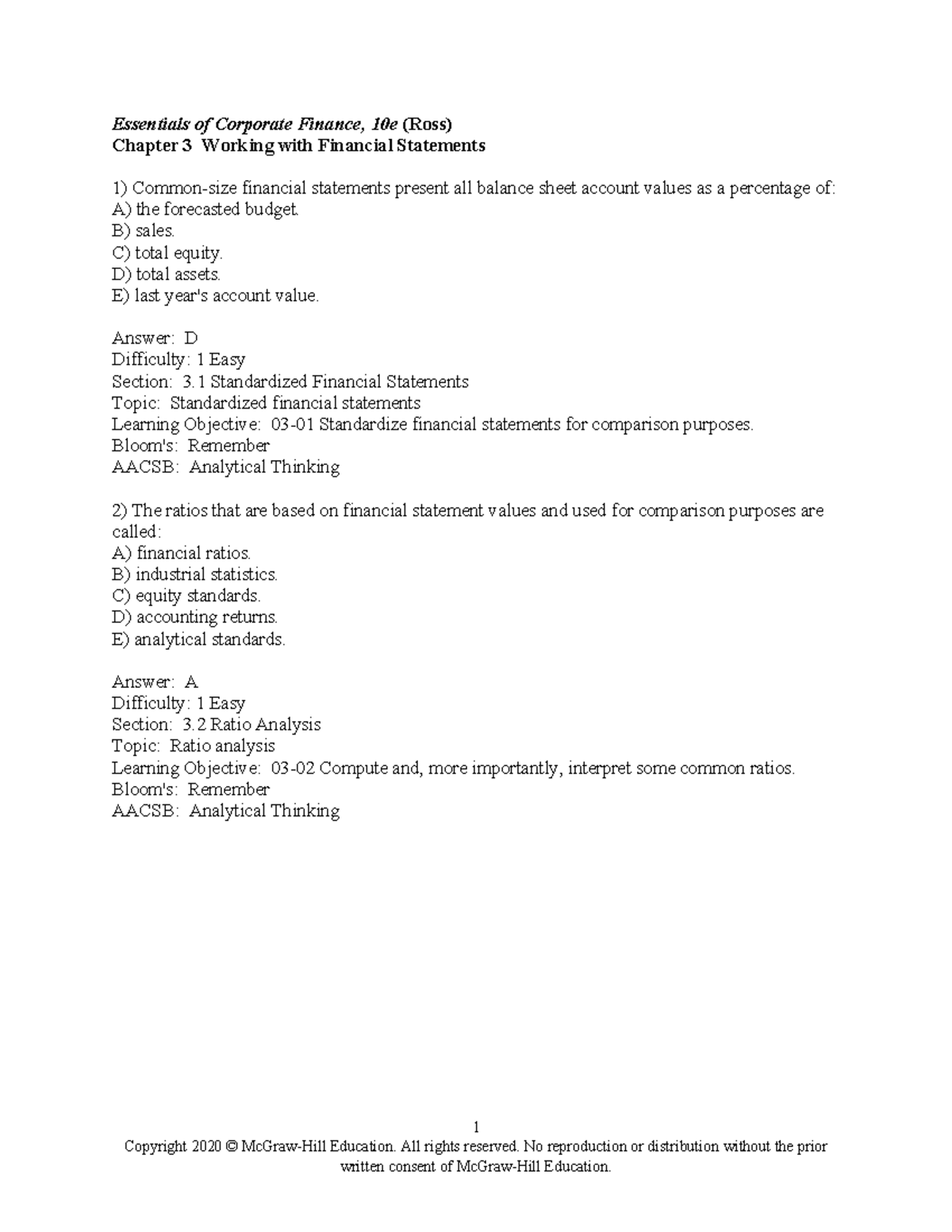Corporate Finance 10e (Ross) Chapter 3: Financial Statements & Ratios ...