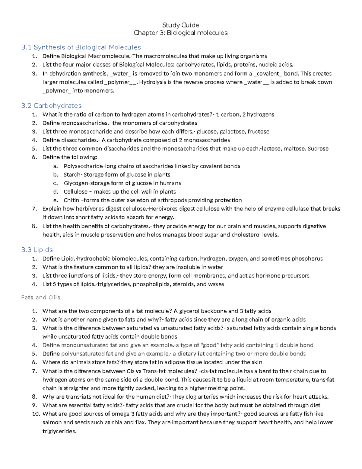 Biological Molecules Study Guide: Synthesis & Functions (Course Code ...