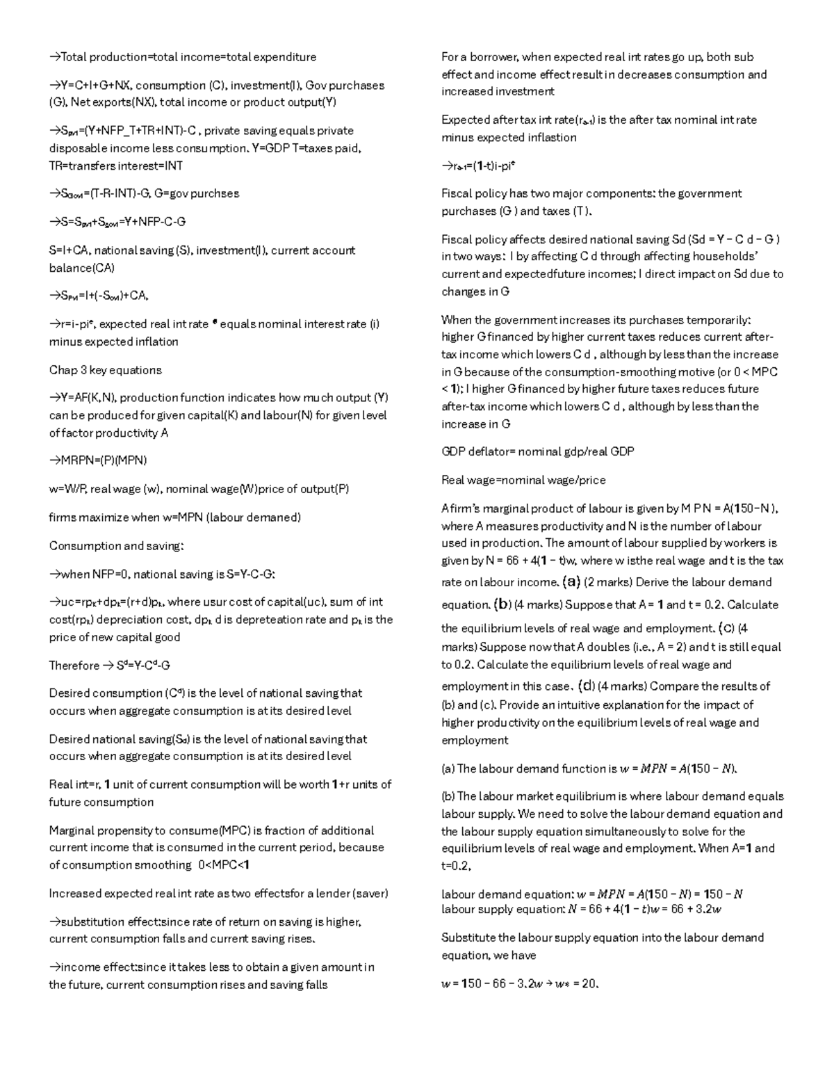 EC 290 midterm 1 chet sheet - →Total production=total income=total expenditure →Y=C+I+G+NX ...