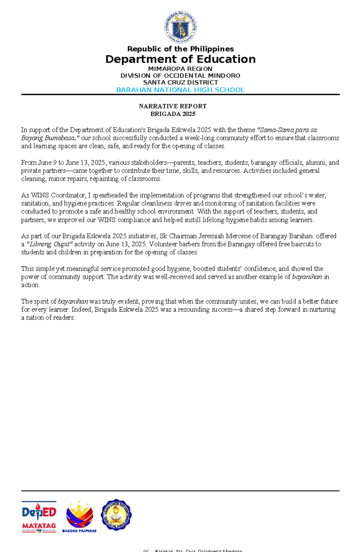 Brigada Eskwela 2025 Narrative Report - EDUCATION - Studocu