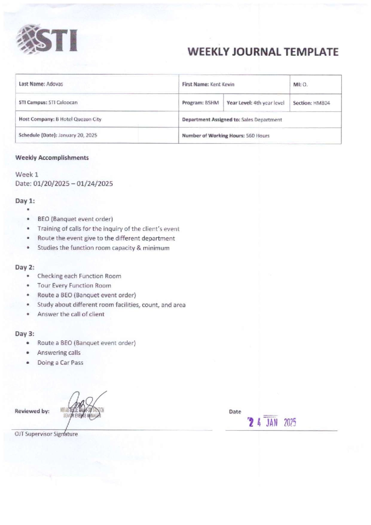 STI BSHM HM804 weekly journal template by Kent Adovas - Studocu