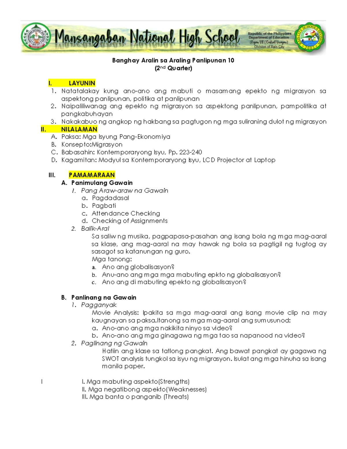 AP MELCs Grade 7 - 47 Grade Level: Grade 7 Subject: Araling Panlipunan ...