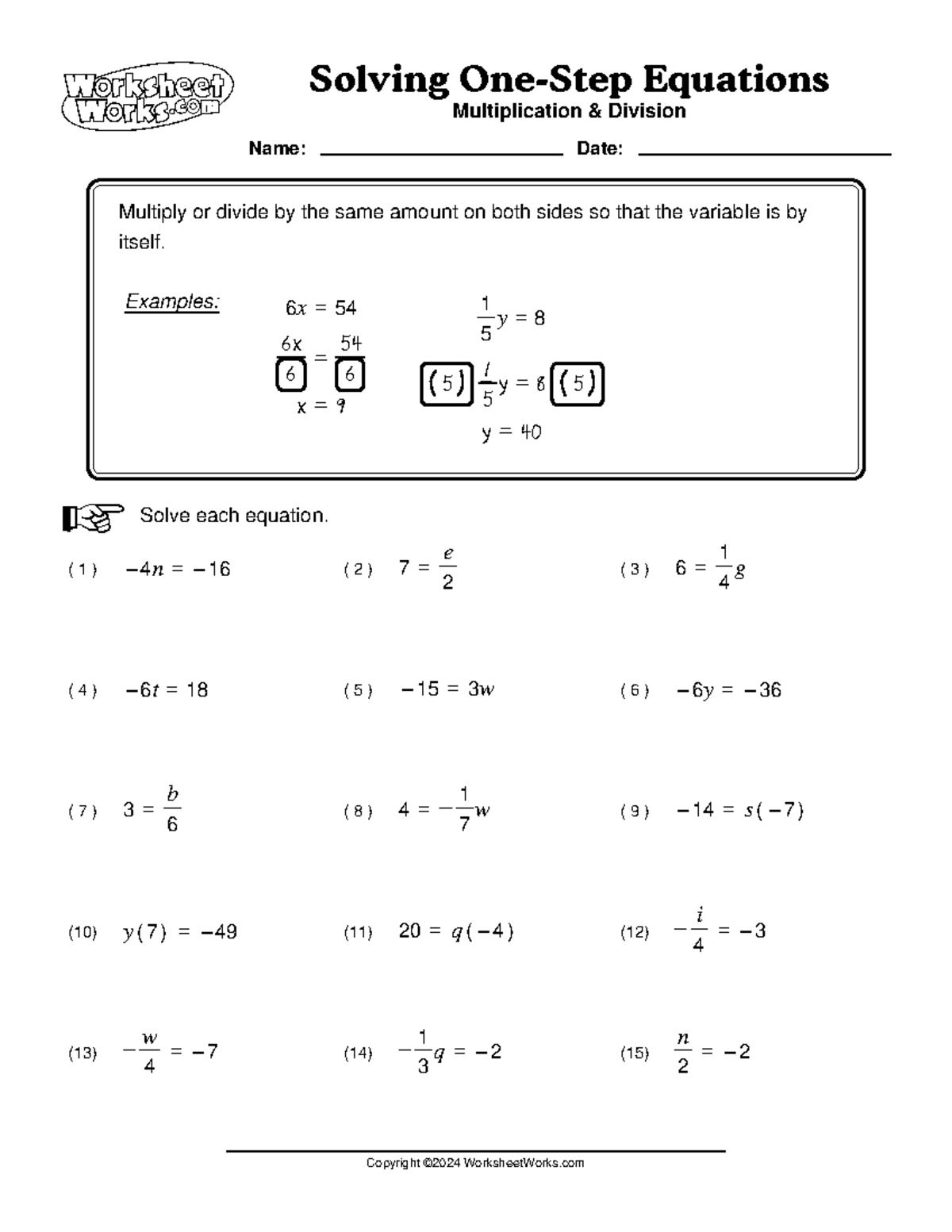 Worksheet Works Solving One Step Equations 1 - Multiply or divide by ...