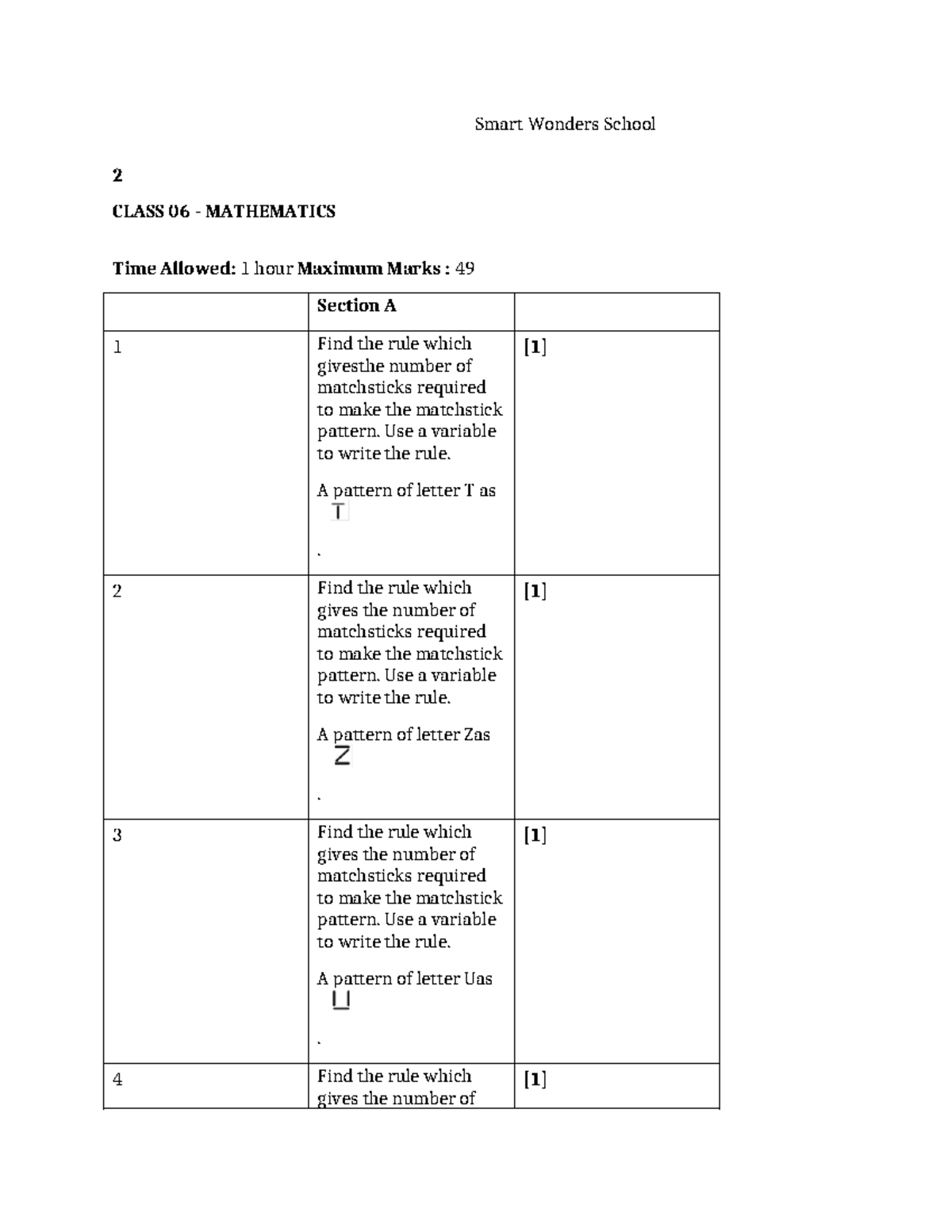 Smart Wonders School 2 CLASS 06 MATHEMATICS Test Paper - Studocu