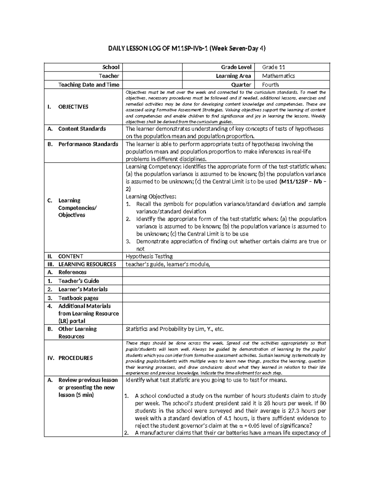 M11SP-IVb-1: Daily Lesson Log for Hypothesis Testing in Q4 - Studocu