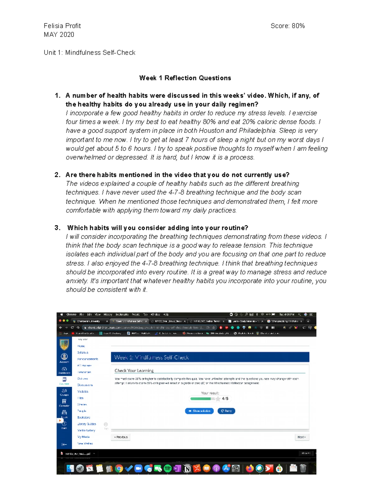 NR 103 - Week 1 Reflection on Healthy Habits and Self-Care Strategies ...