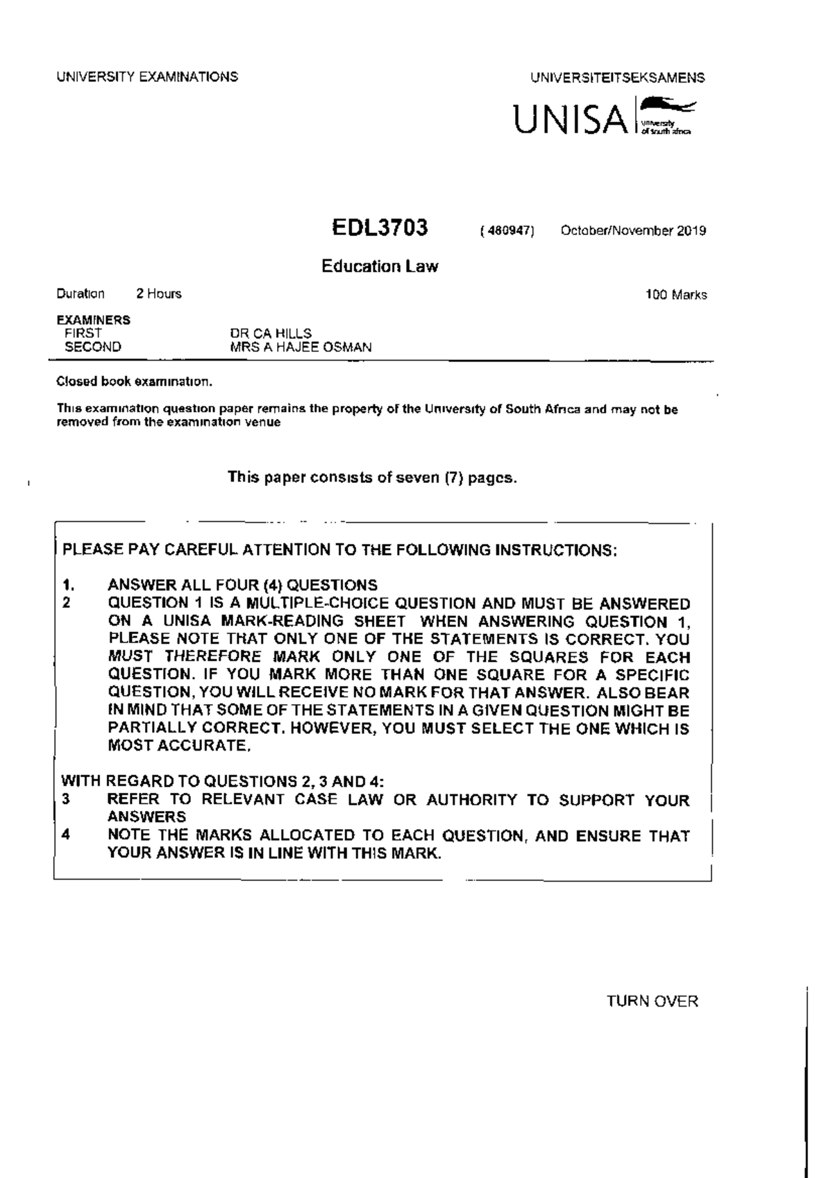 EDL3703 OCT 2019 - Examination Question Paper Analysis - Studocu