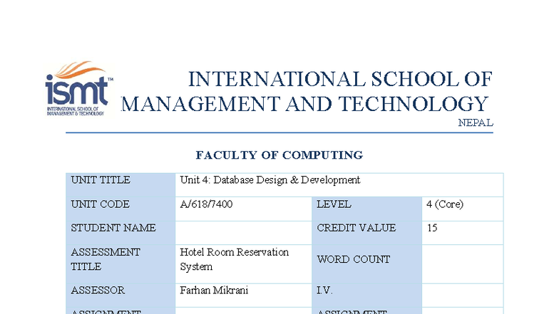 Unit 04 - L4 Database Design & Development: Hotel Reservation System ...