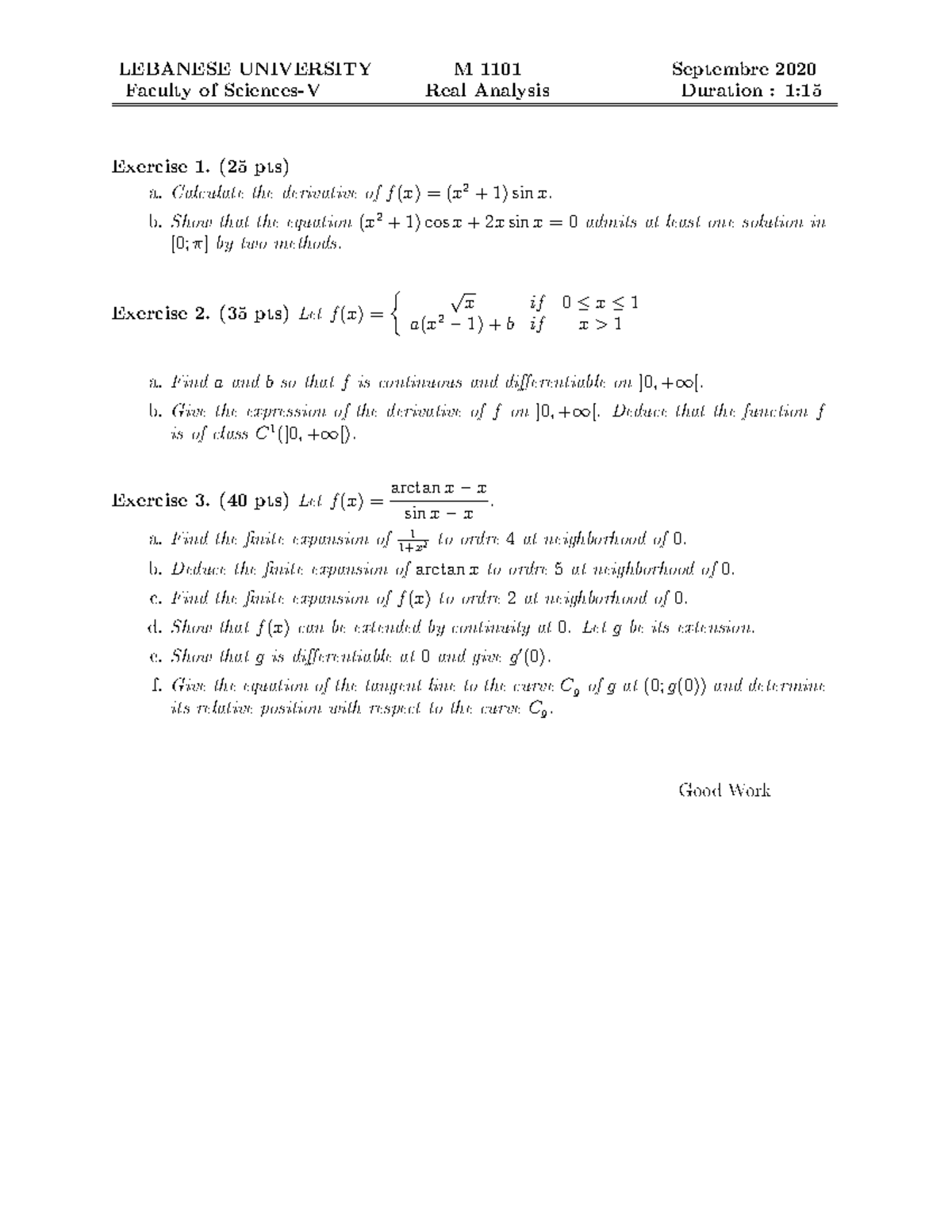 Final Exam II 19 20M1101E - Real Analysis Exercises and Solutions - Studocu