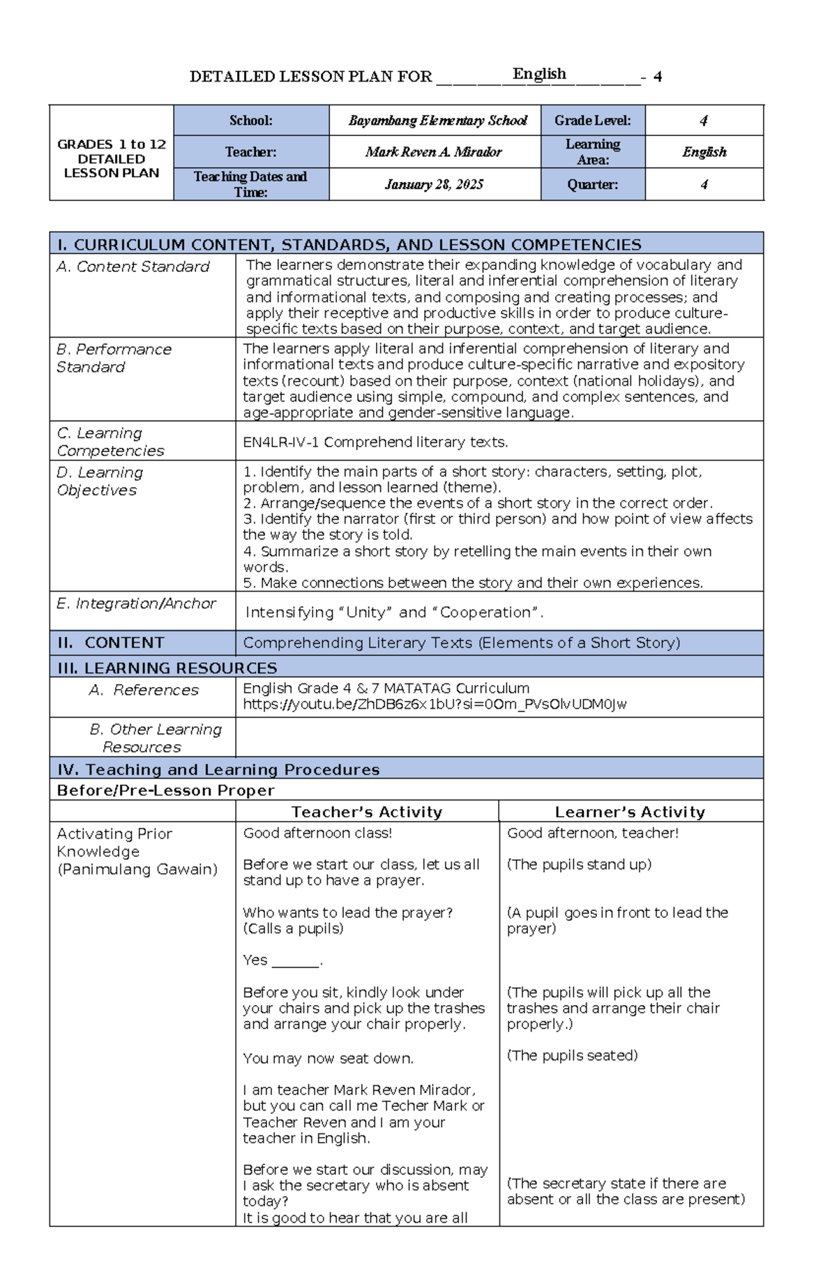 English 4 DETAILED LESSON PLAN: Understanding Short Stories - Studocu