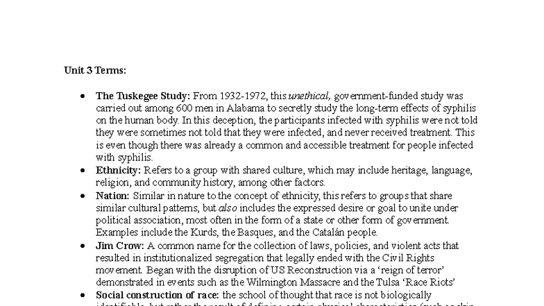 SOC100 Unit 3 Terms: Understanding the Tuskegee Study and Racism - Studocu