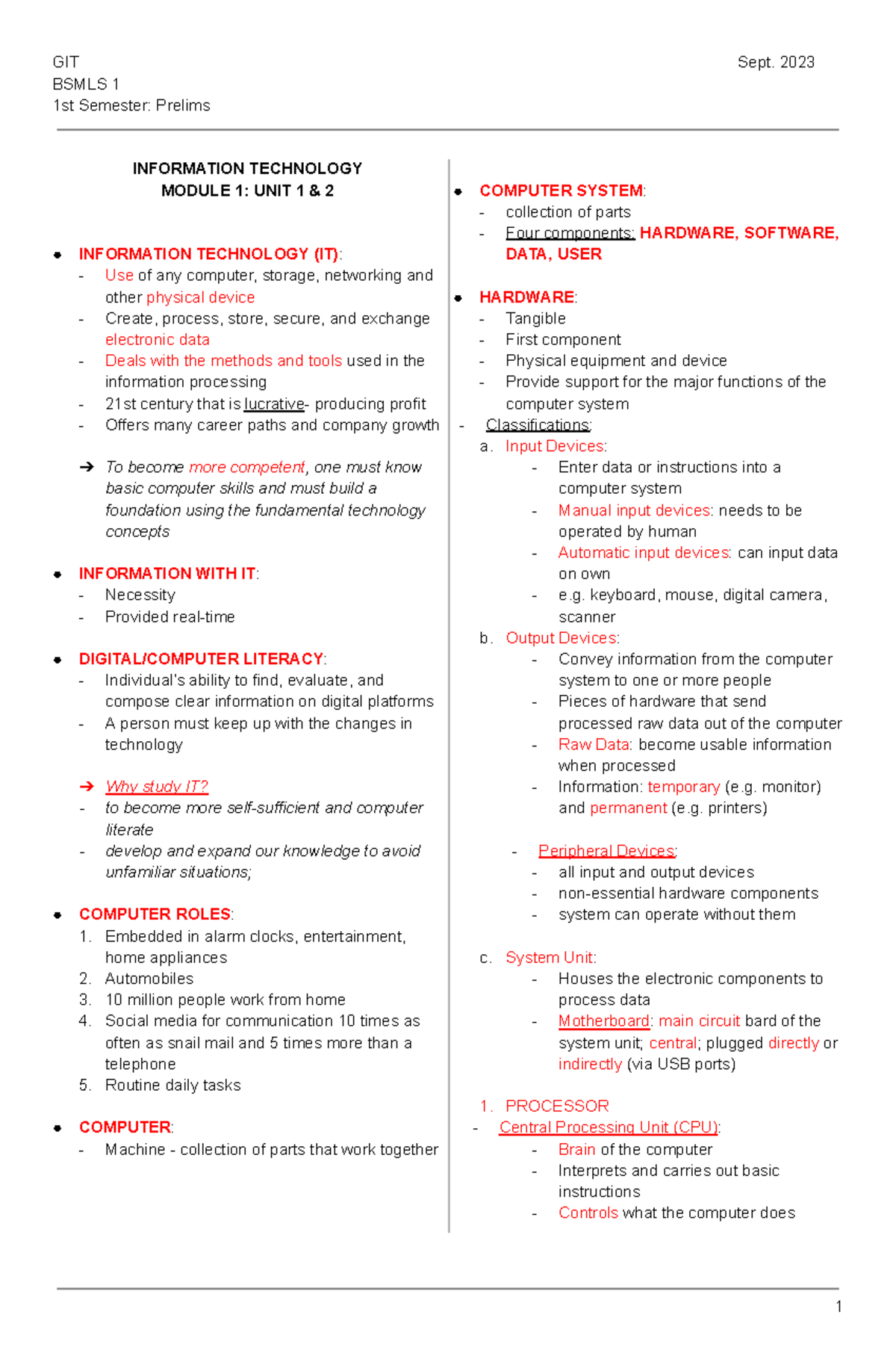 Prelims Review Notes for BSMLS 1: Information Technology Insights - Studocu