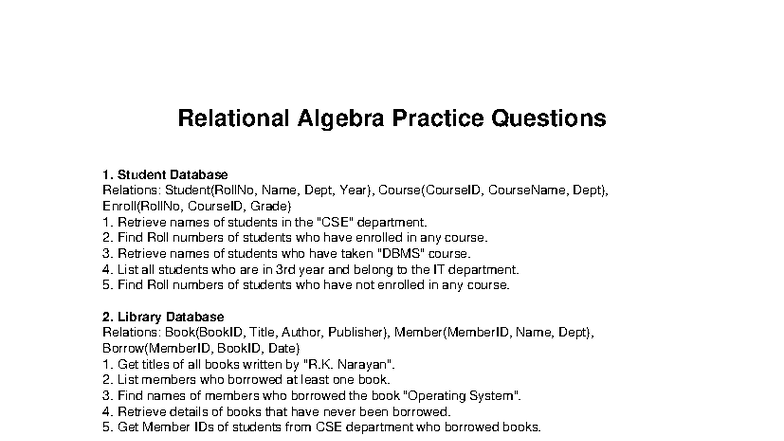 Relational Algebra Practice Questions for Student Database and More ...