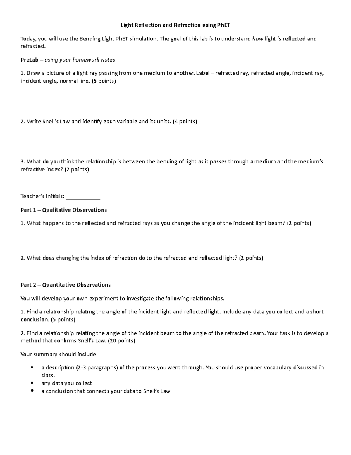 Bending Light Lab: Reflection & Refraction - Pre AP Study Guide - Studocu