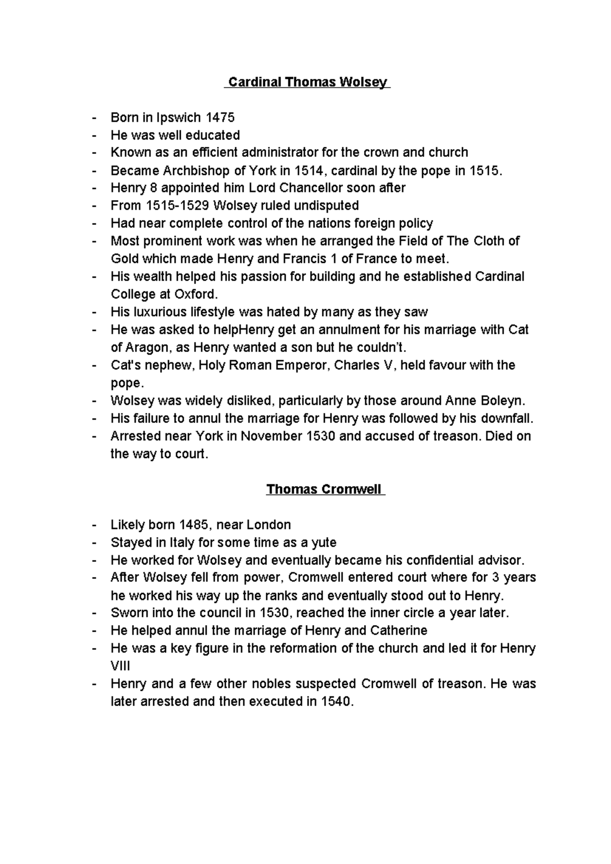 Wolsey & Cromwell: Key Facts for History 101 Final Exam Prep - Studocu