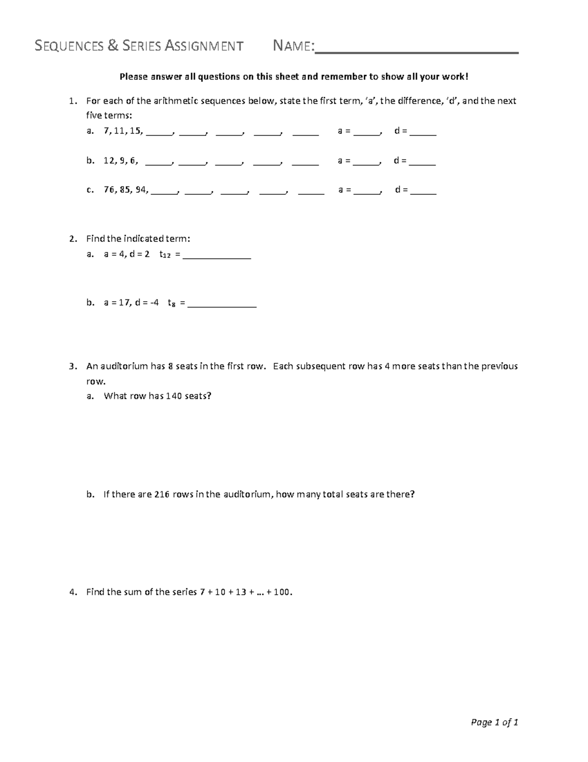 Sequences and Series Assignment: Key Concepts and Problems - Studocu