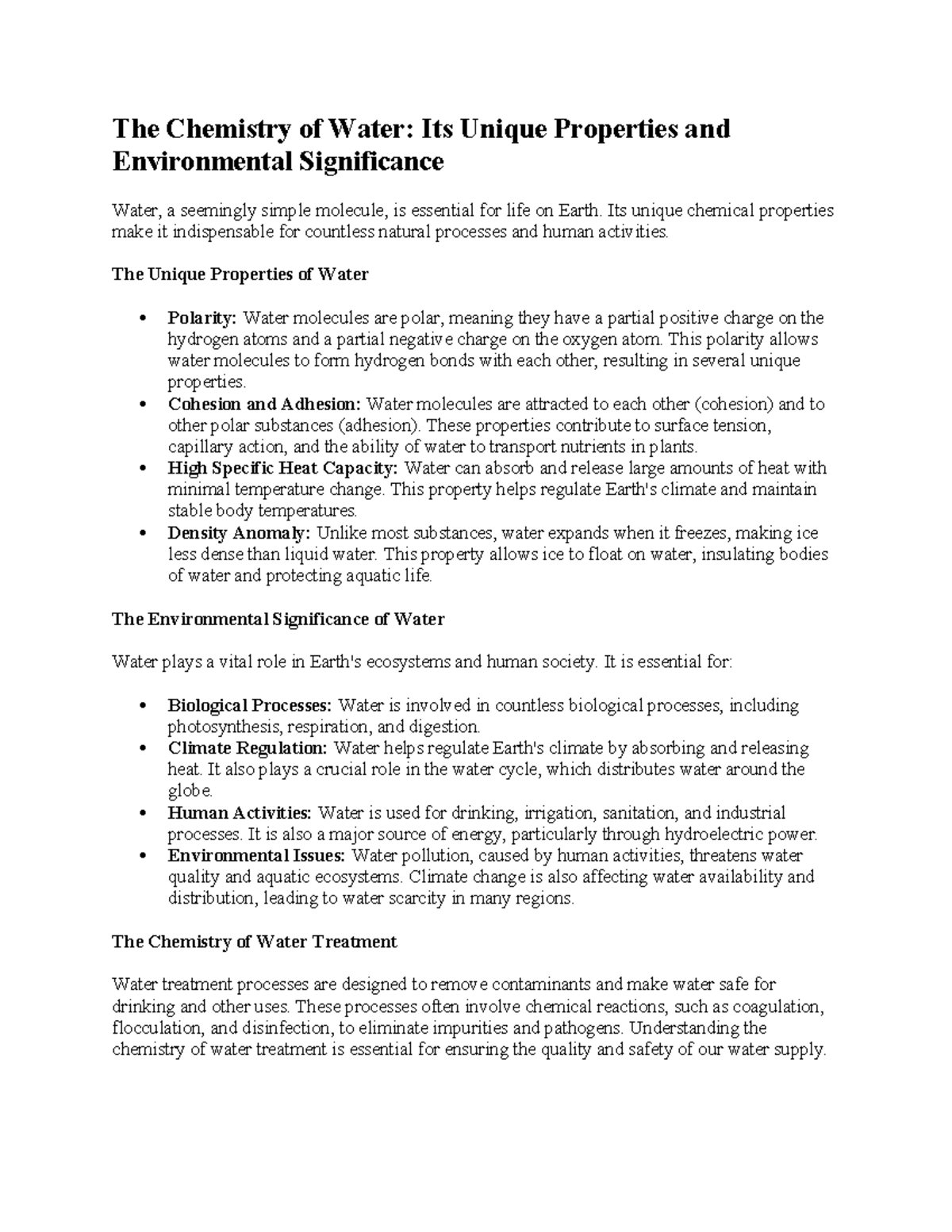 The Chemistry of Water Its Unique Properties and Environmental ...