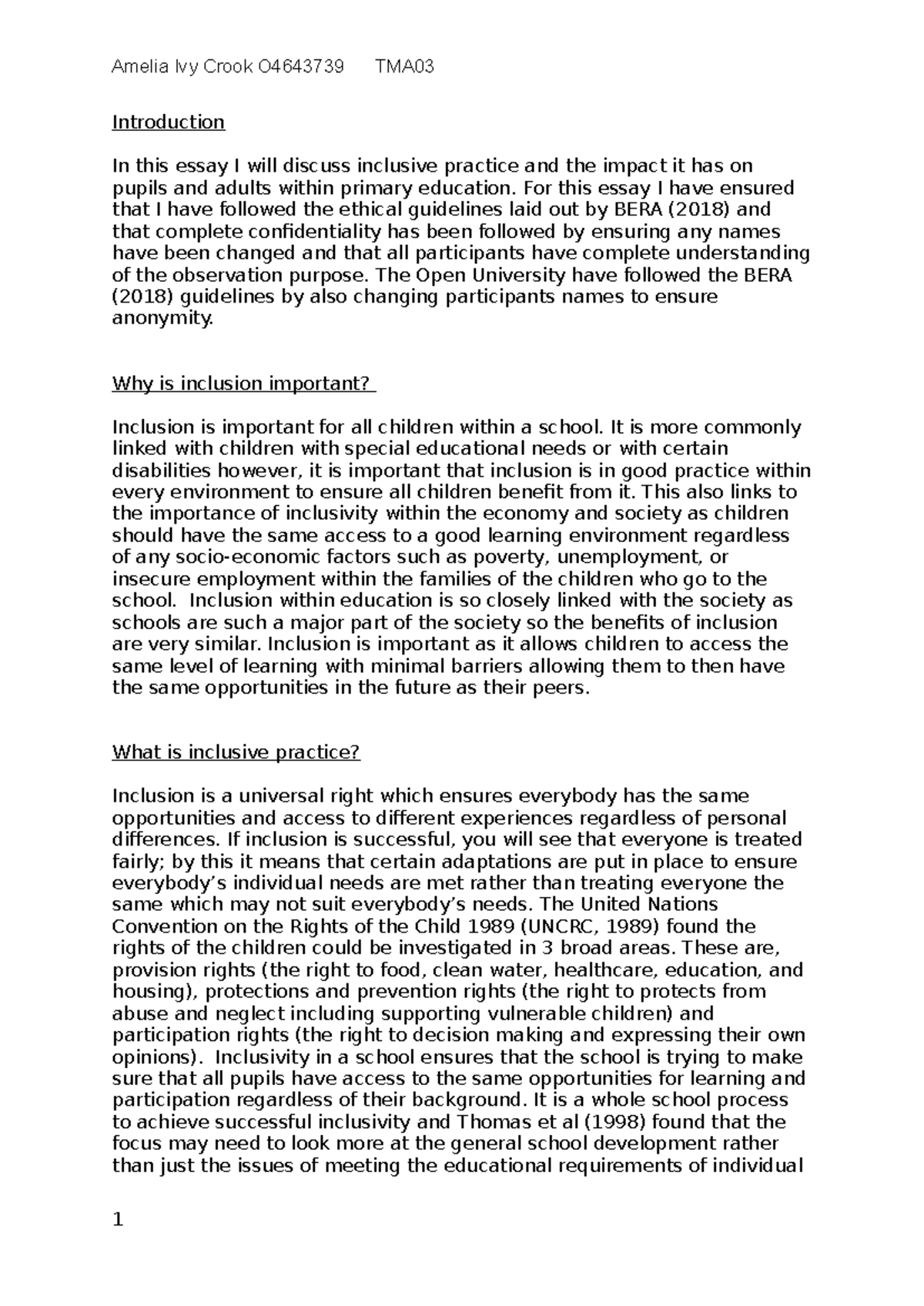 Understanding Inclusive Practice in Primary Education: TMA03 - Studocu