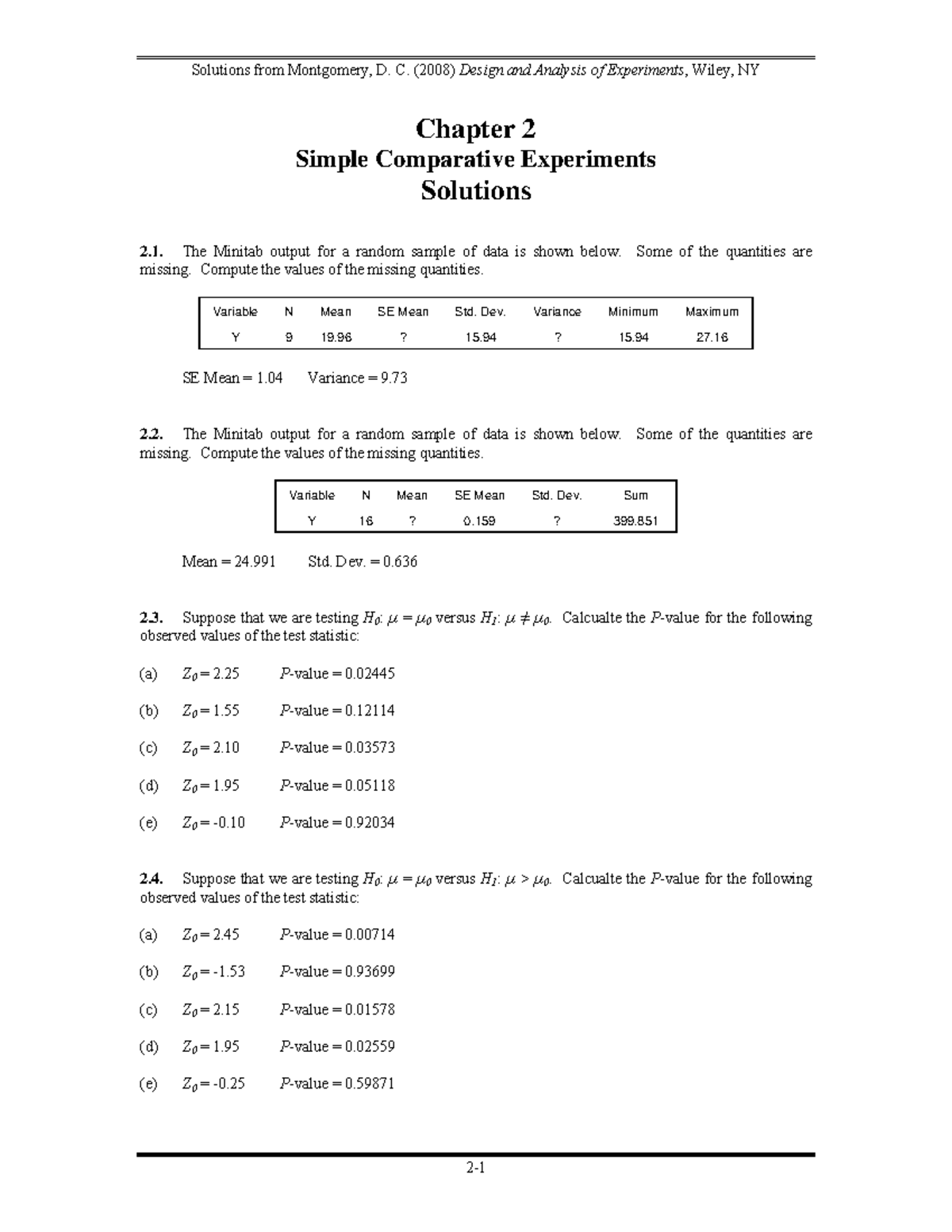 Ch02 - Simple Comparative Experiments Solutions and Analysis - Studocu