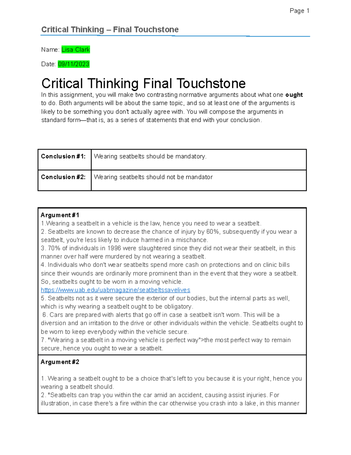 Critical Thinking Final Touchstone 4: Seatbelt Arguments Analysis - Studocu