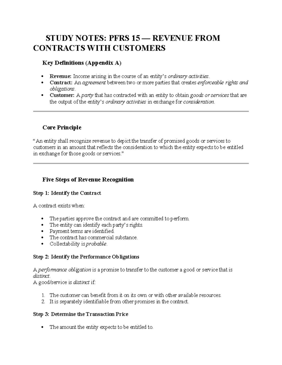 PFRS 15 Study Notes: Key Definitions & Revenue Recognition Steps - Studocu