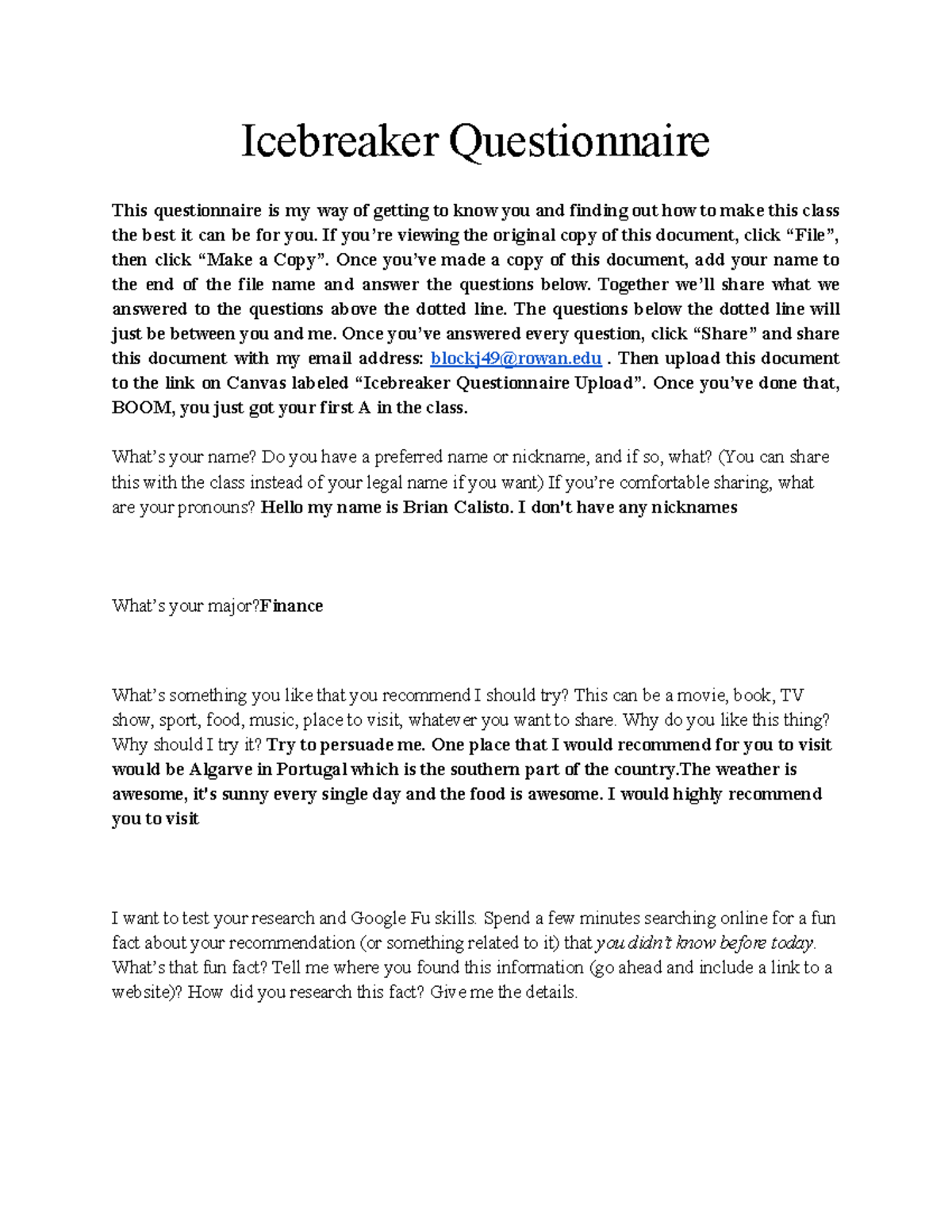 College Comp II Icebreaker Questionnaire for Class Engagement - Studocu
