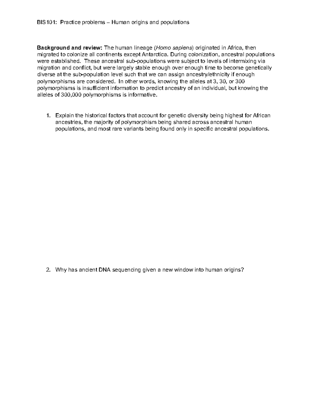 BIS101: Human Origins Practice Problems and Genetic Diversity Insights ...