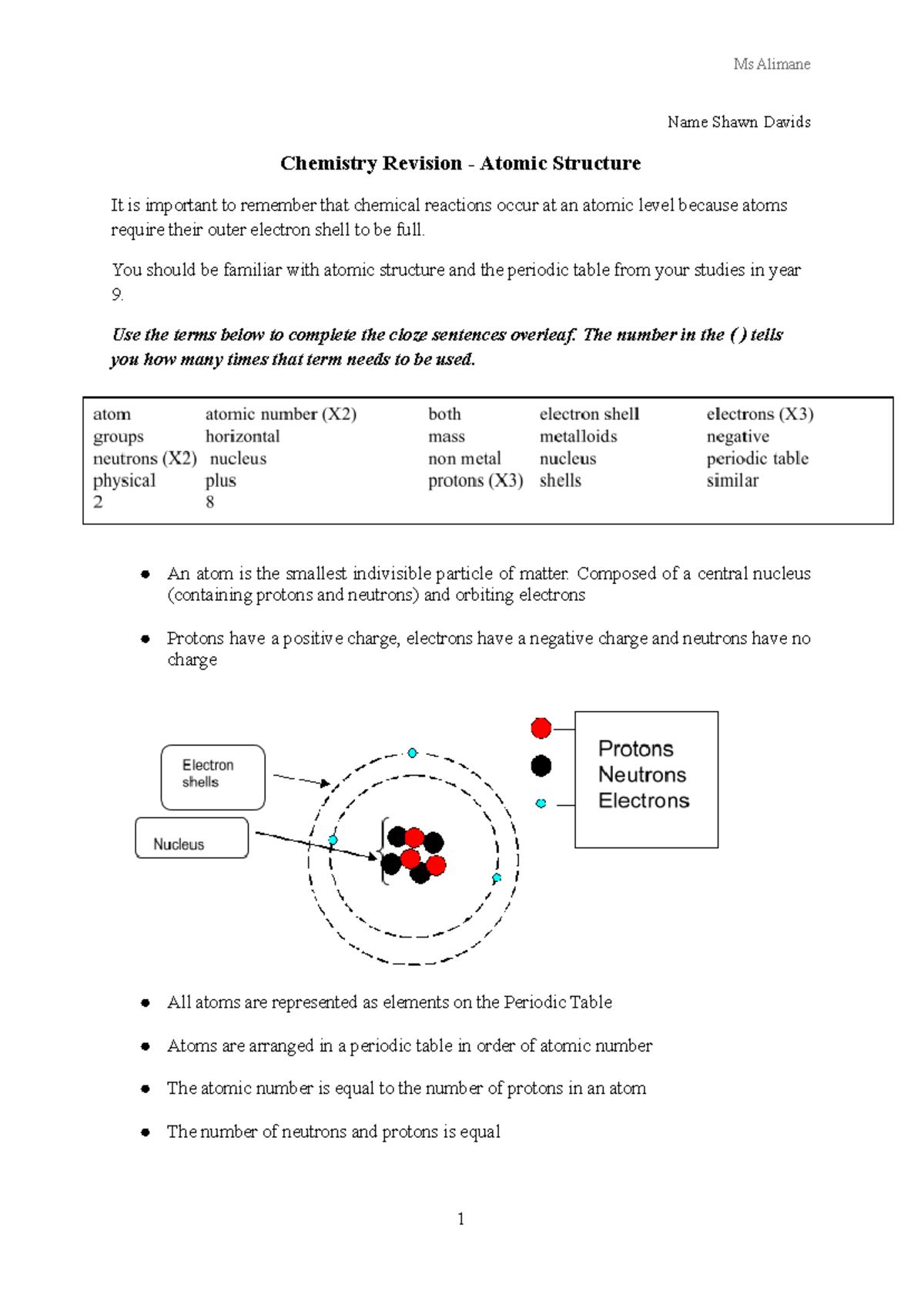 Chemistry Study Notes Yr9 - Name Shawn Davids Chemistry Revision ...