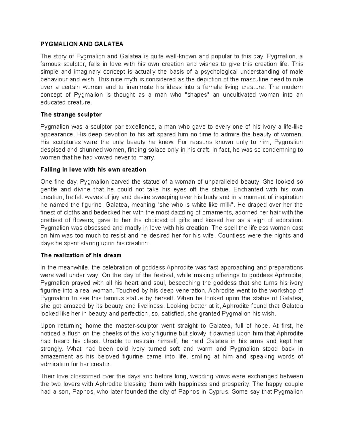 PYG 101: Pygmalion and Galatea - A Mythical Love Story - Studocu