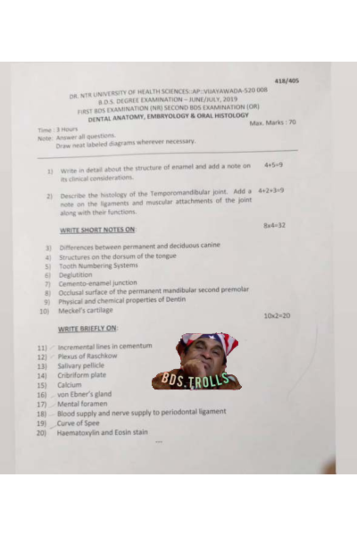 NTR University BDS Exam PYQs: Dental Anatomy & Histology - Studocu